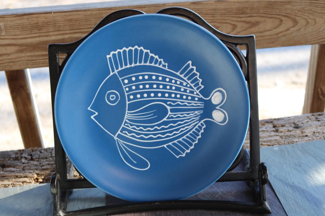 Set of 3 Mid Century Modern FRENCH FISH PLATES Ocean Blue and White 60 ...