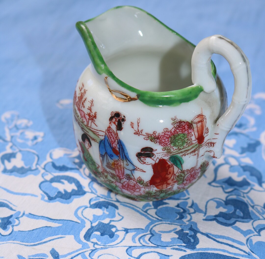 30s 40s Asian Creamer Women in Garden Green Trim Bamboo Handle With ...