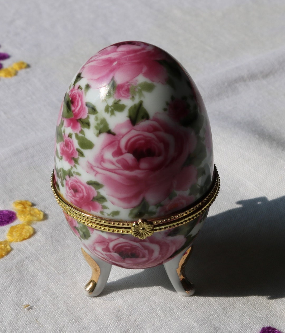 90s Pink Roses Ceramic TRINKET EGG BOX Gold Accents - Etsy