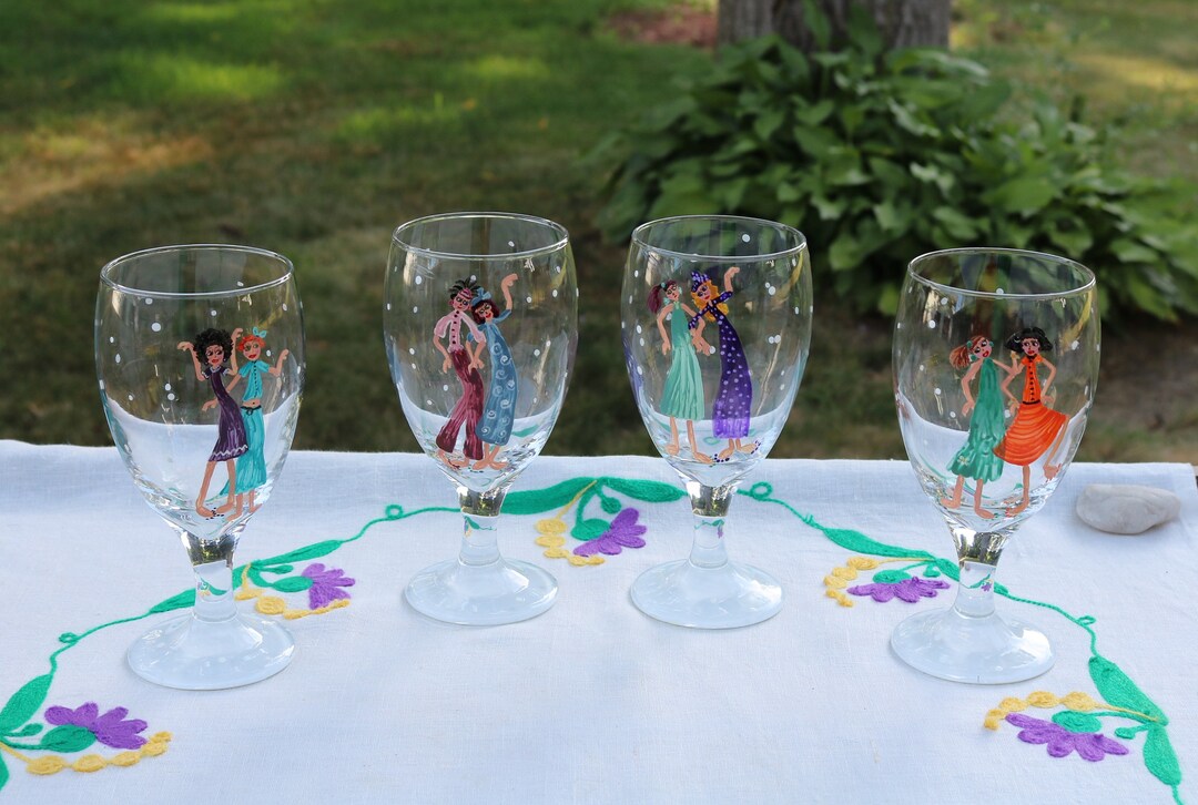 FOUR 90s Hand Painted Goblets WOMEN Dancing White Polka Dots by PAYNE ...