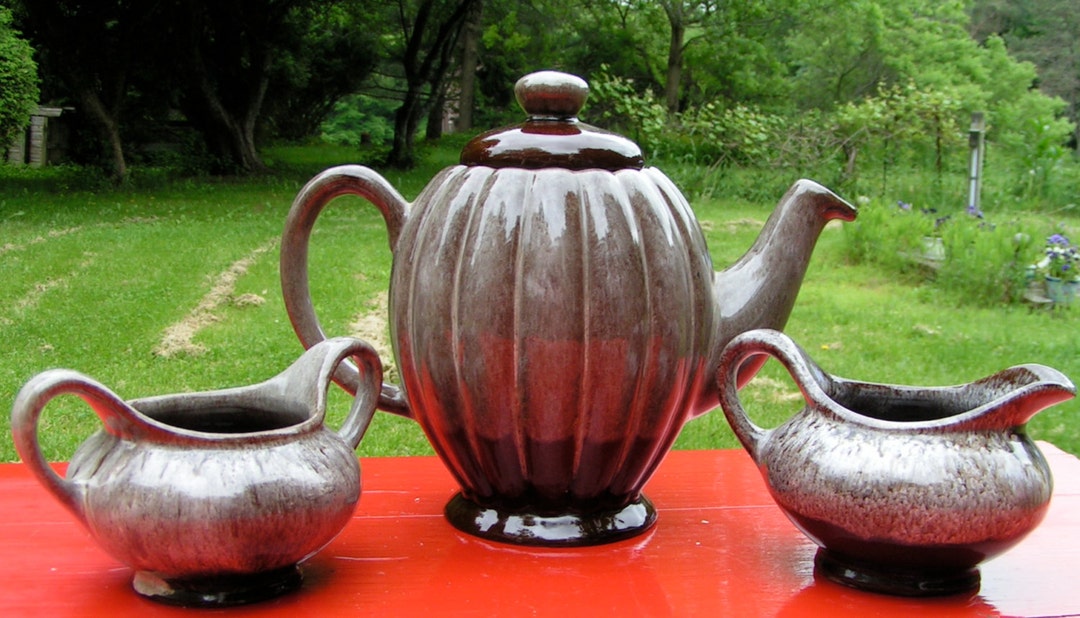 50s Canadian Red Clay Teapot Sugar and Creamer Brown With White Drip ...