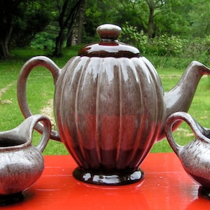 50s Canadian Red Clay Teapot Sugar and Creamer Brown With White Drip ...