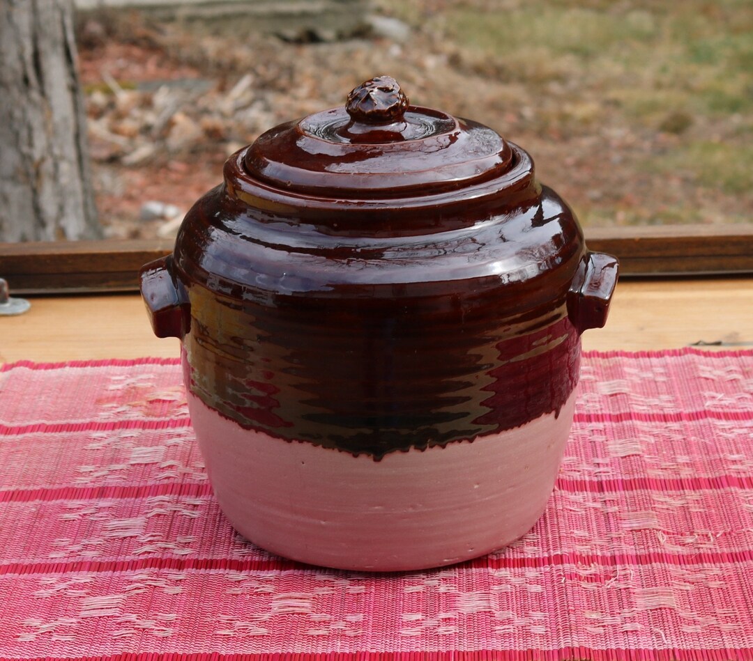 80s Pottery BEAN POT Hand Crafted Nugget Topper Brown Drip Glaze Over ...
