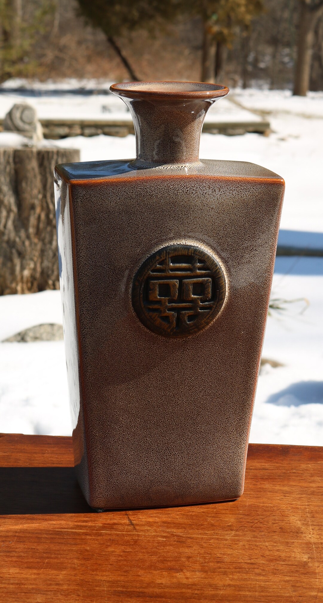 80s Ceramic Pointillism Asian Centerpiece BOTTLE VASE Beige Black and ...