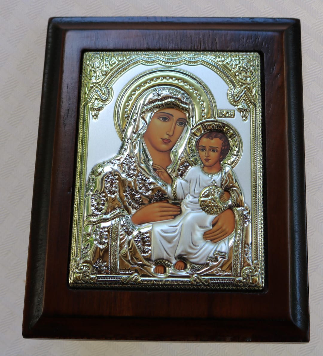 80s 90s Catholic Byzantine Icon Plaque Standing VIRGIN MARY of JERSALEM ...
