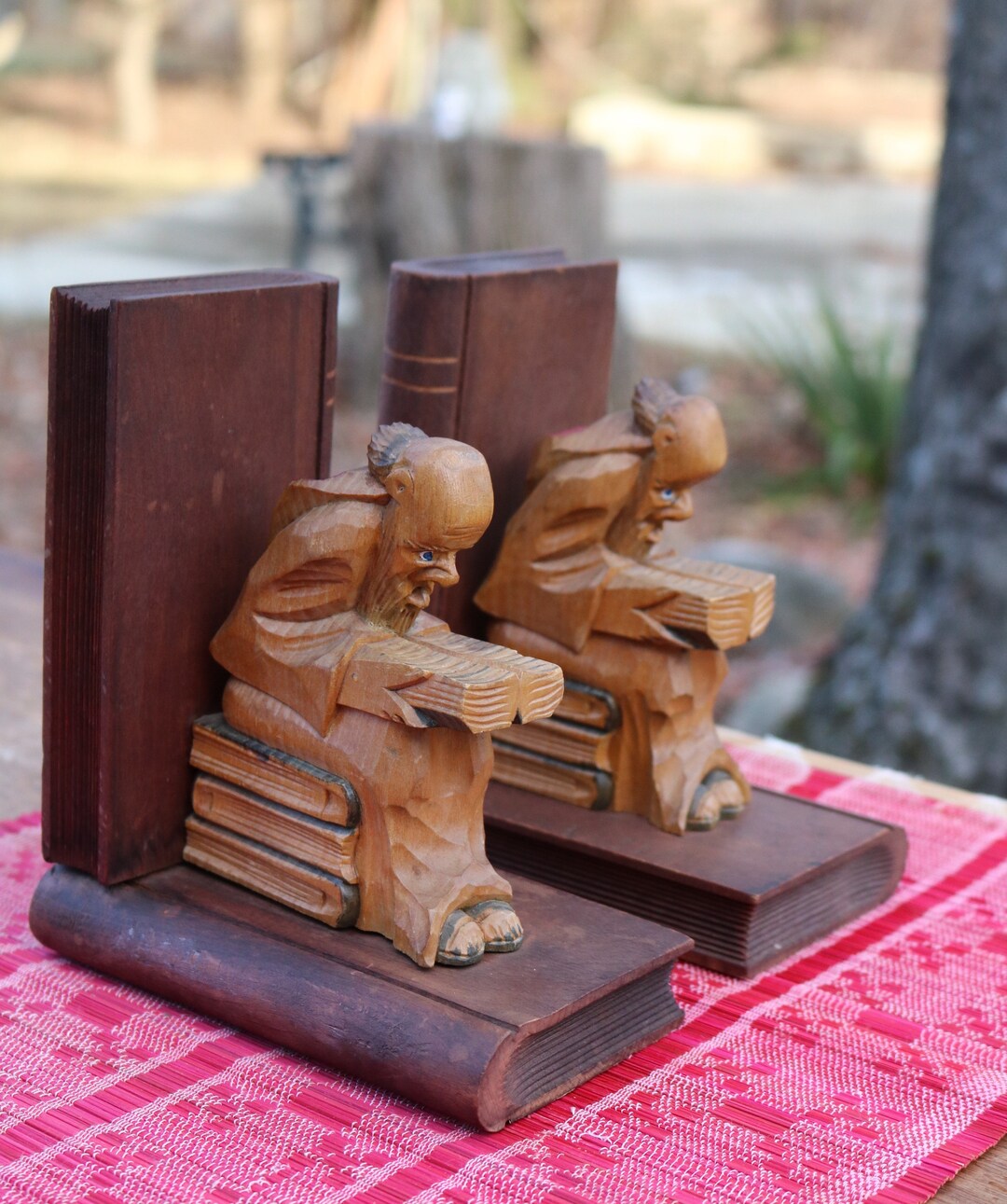 50s Carved Wooden MONKS READING BOOKENDS Painted Book Eastern European ...