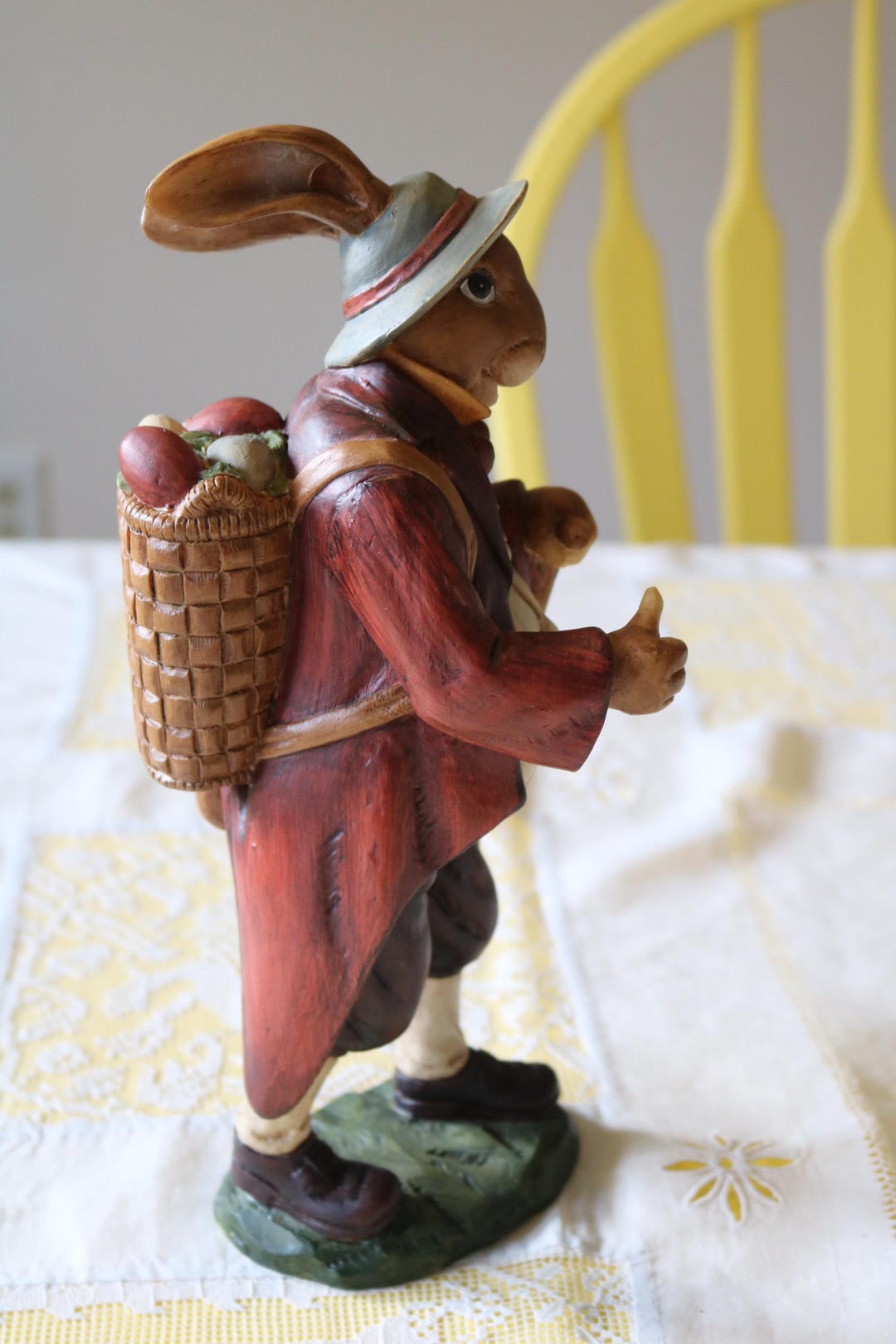 90s 12" Tall RABBIT Figurine Easter Eggs in Back Basket Hiking Stick ...