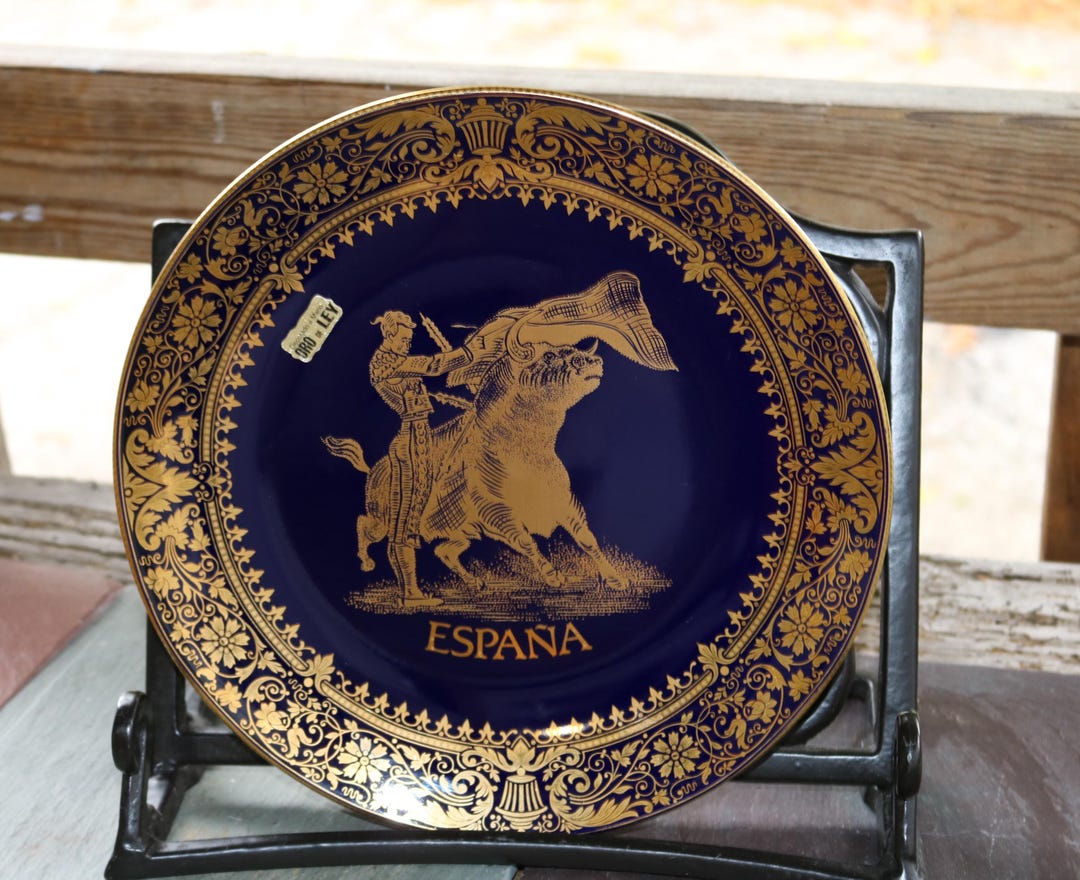 80s Ceramic Blue & Gold ESPANA Bullfighter Gold Gilt PLATE SPAIN ...