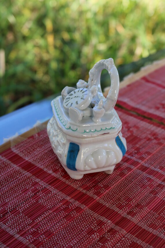 1800s Victorian Antique TRINKET BOX Porcelain Clock R… - Gem