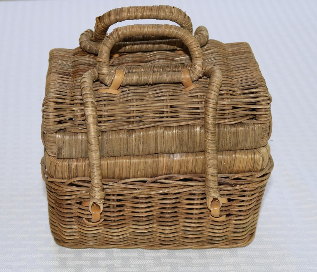 50s Individual Picnic Basket Wicker Hinged Cottagecore - Etsy