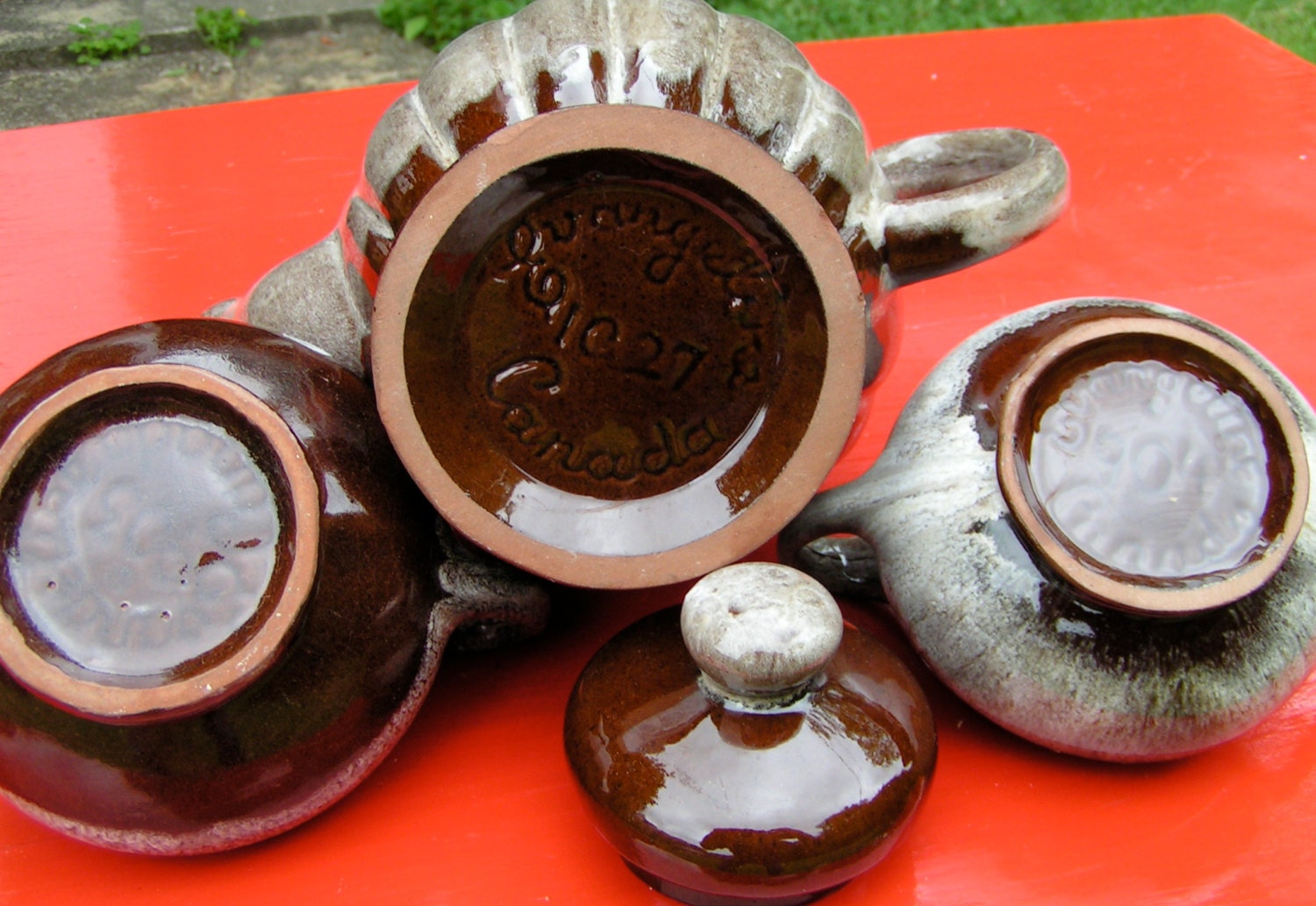 50s Canadian Red Clay Teapot Sugar and Creamer Brown With White Drip ...