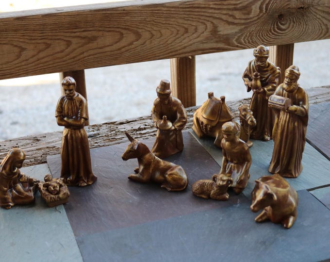 80s Ceramic NATIVITY SET Bronze Over Brown Painted Mary Joseph Baby ...