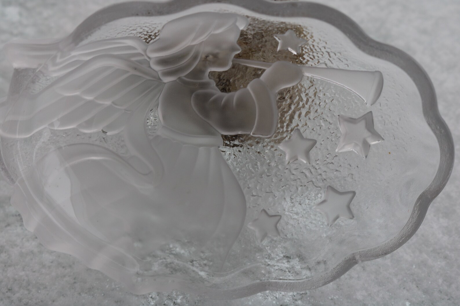 80s Mikasa Frosted Glass ANGEL Tray Asymmetrical Stars Playing Horn ...