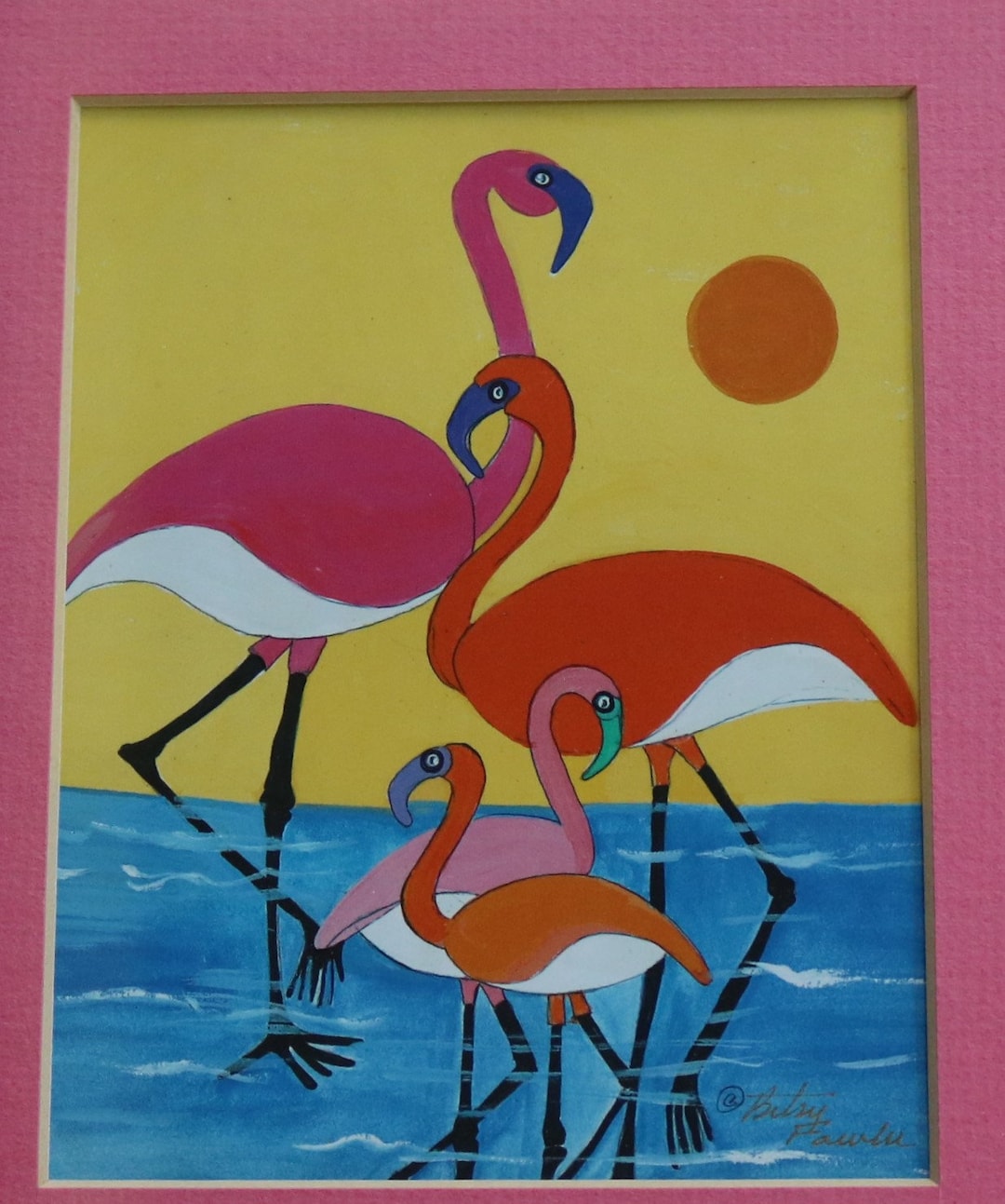 70s 80s Lithography by Betsey Fowler Titled FANCY FLAMINGO Framed Small ...