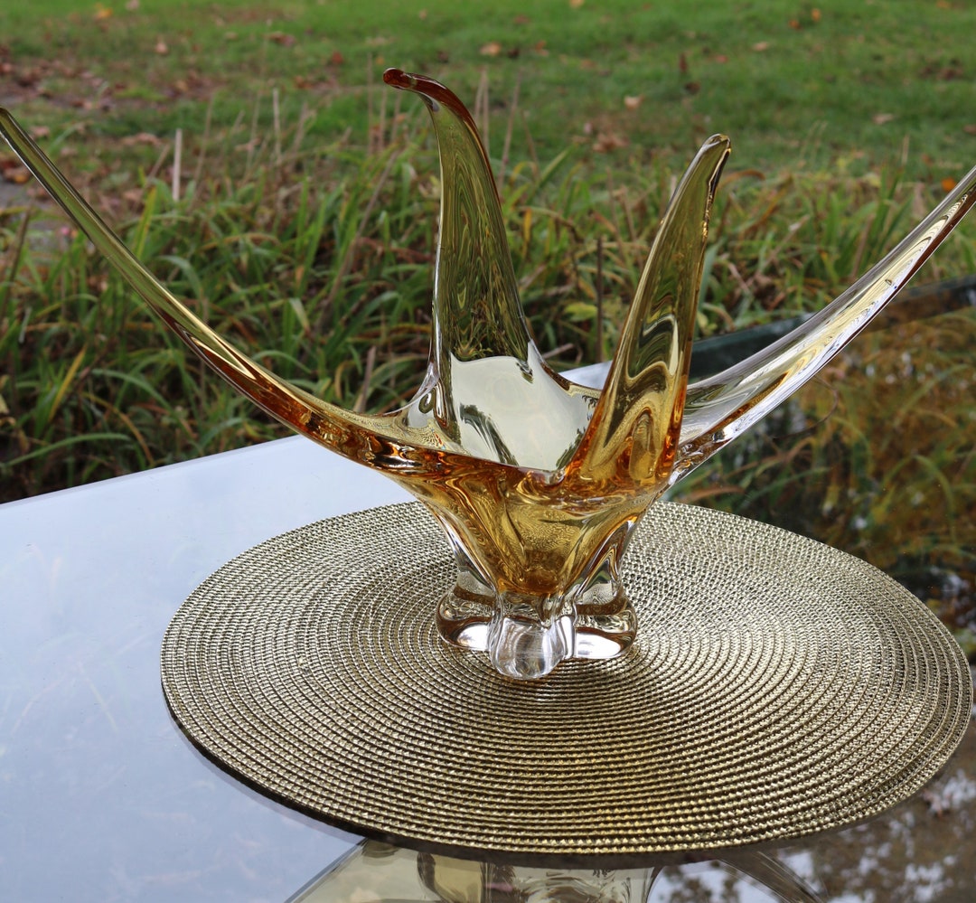 CHALET ART GLASS Centerpiece Freeform Golden and Clear Glass Hand Blown ...