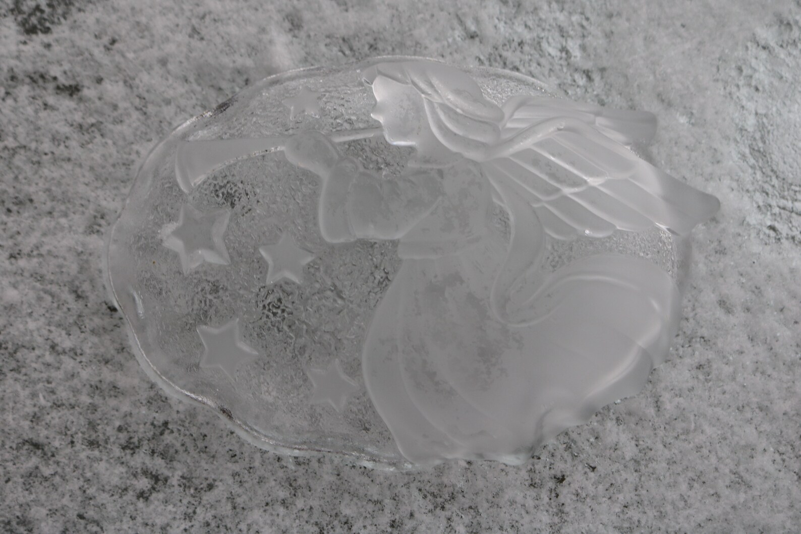 80s Mikasa Frosted Glass ANGEL Tray Asymmetrical Stars Playing Horn ...