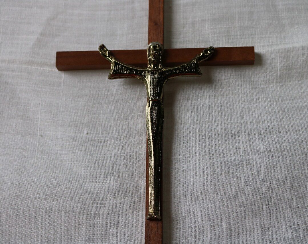 70s Modern Style Hanging BRASS on WOOD CRUCIFIX Christian Religious ...