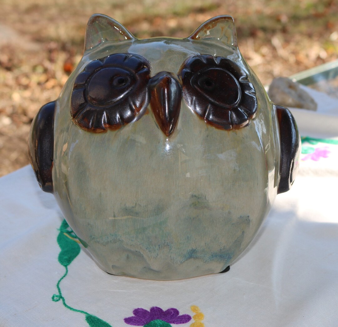 70s 80s Ceramic OWL With Gray and Blue Drip Glaze and Brown Large - Etsy