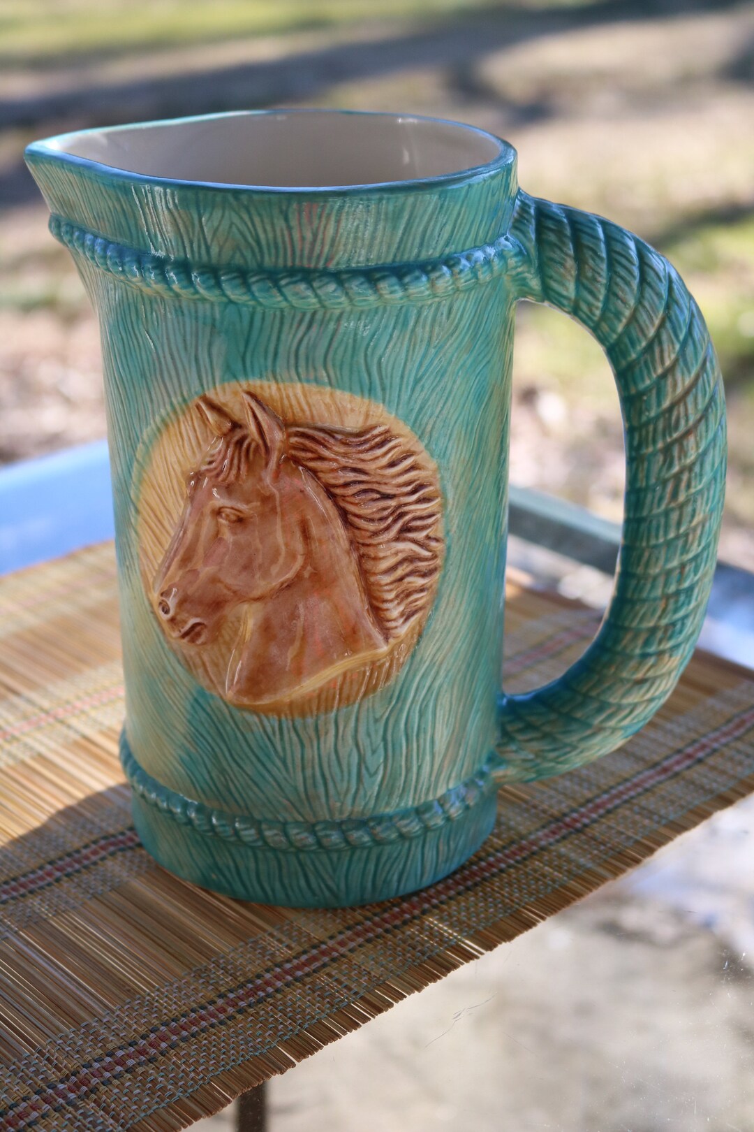 70s Equestrian Horse and Horseshoe PITCHER Western High Relief Tall ...
