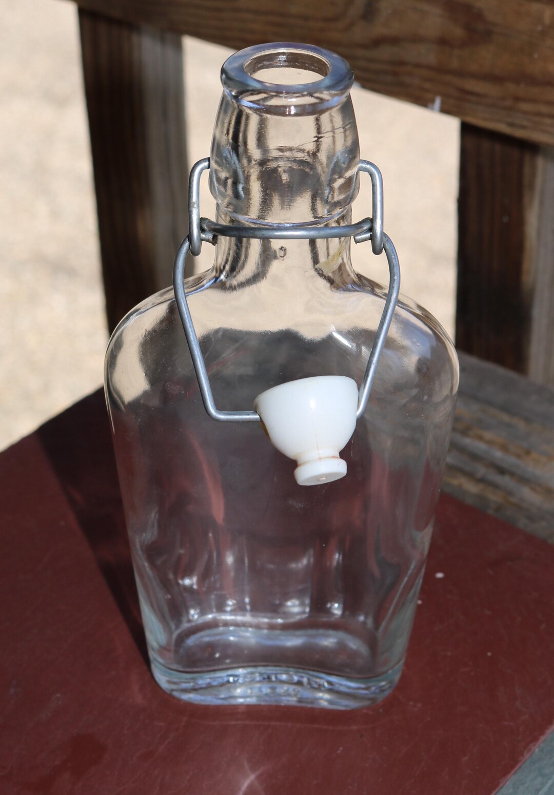 8 1/4" Tall Vintage Clear Glass Flask With Metal Swing Stopper BOTTLE ...