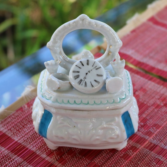 1800s Victorian Antique TRINKET BOX Porcelain Clock R… - Gem