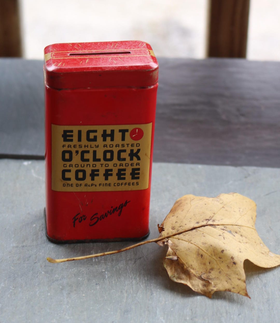 50s 60s EIGHT O'CLOCK COFFEE Coin Bank Kitschy Red and Yellow Graphics ...