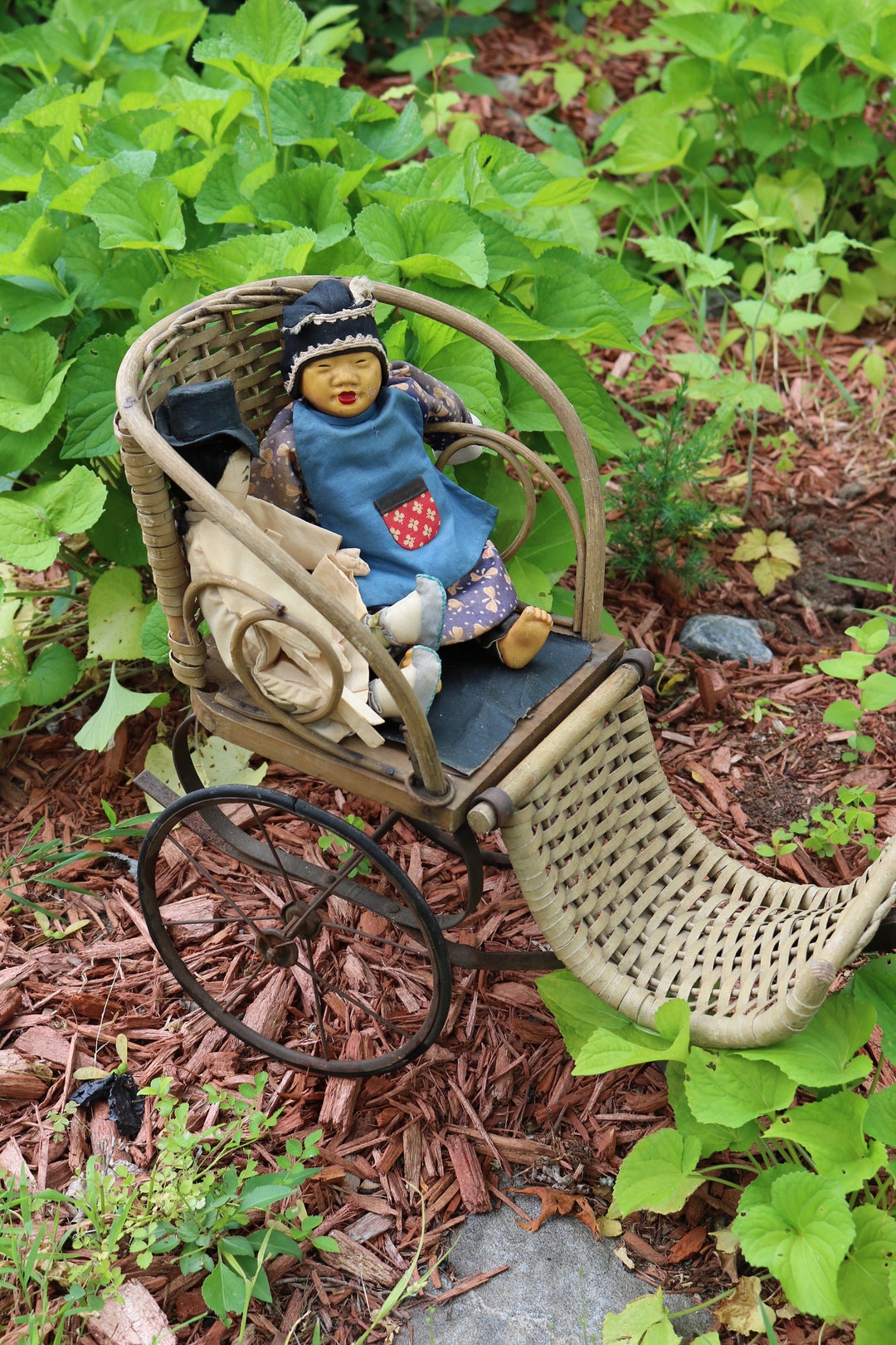20s 30s Art Deco WICKER PULL TOY Buggy Stroller Carraige Doll Leather ...