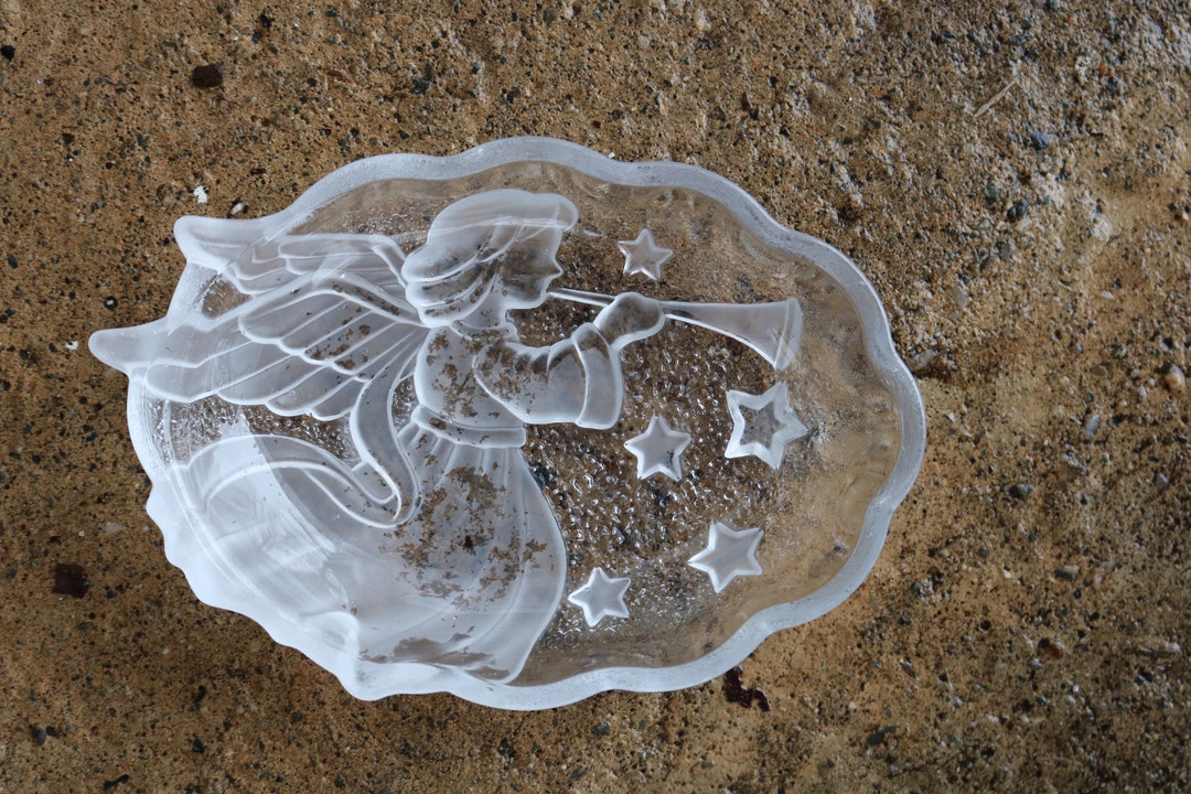 80s Mikasa Frosted Glass ANGEL Tray Asymmetrical Stars Playing Horn ...