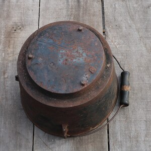 Antique 1900s Industrial SMELTING BUCKET Pot Wooden Handle Blackmetal ...