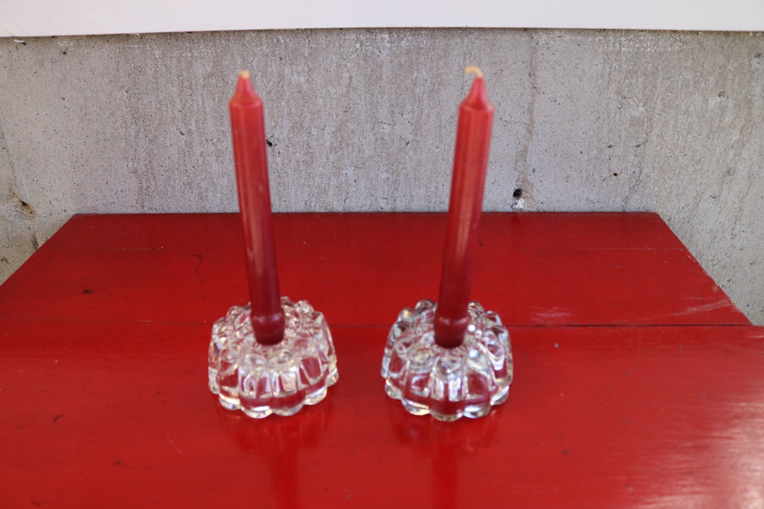 Vintage Pair of Crystal Pressed Glass Traditional Candleholders Clear ...