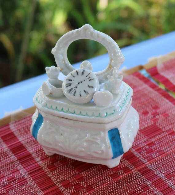 1800s Victorian Antique TRINKET BOX Porcelain Clock R… - Gem