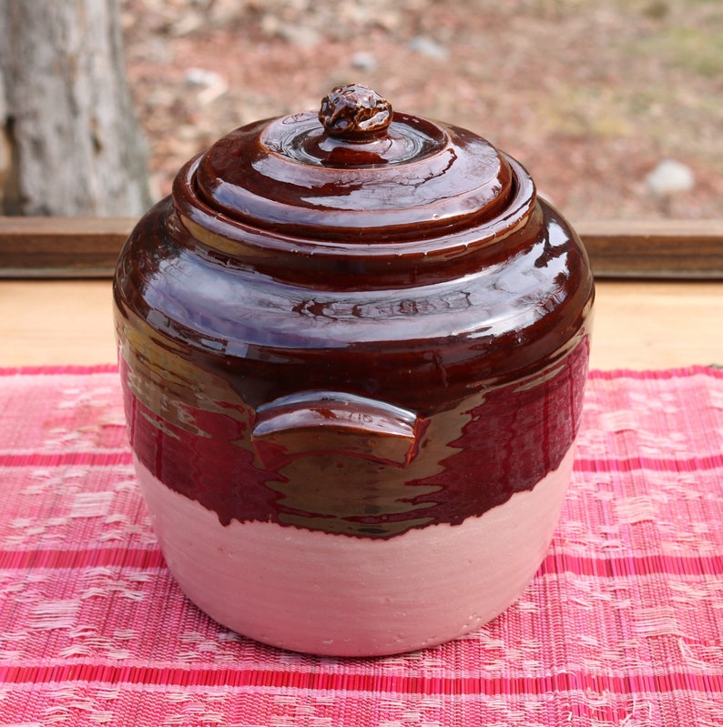 80s Pottery BEAN POT Hand Crafted Nugget Topper Brown Drip Glaze Over ...