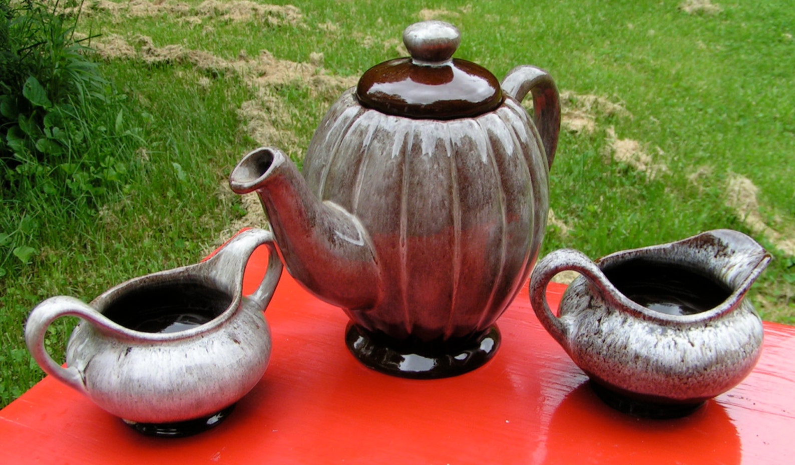 50s Canadian Red Clay Teapot Sugar and Creamer Brown With White Drip ...