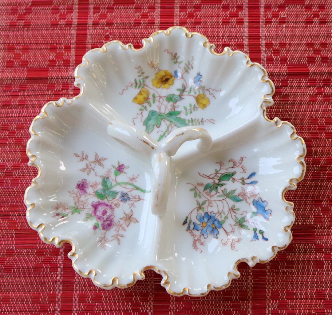 40s Divided Tri-lobal Serving Bowl Hand Painted Marked Tea Roses ...