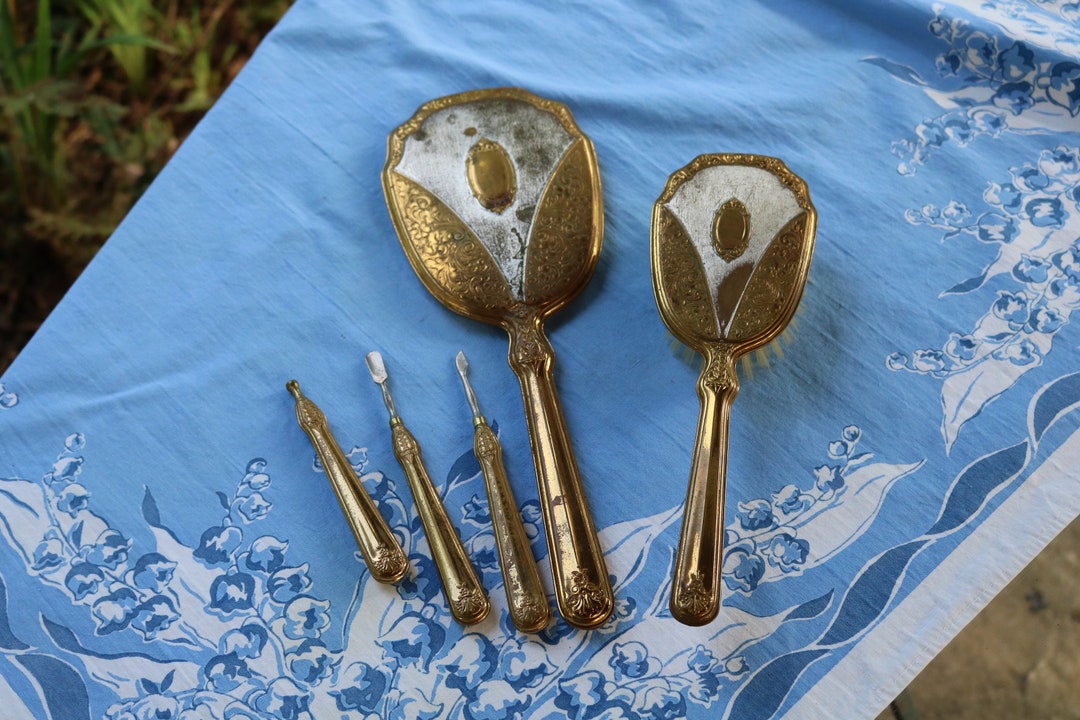 Art Deco Era BOUDOIR Beveled Hand Mirror Brush and a Few Manicure Tools ...