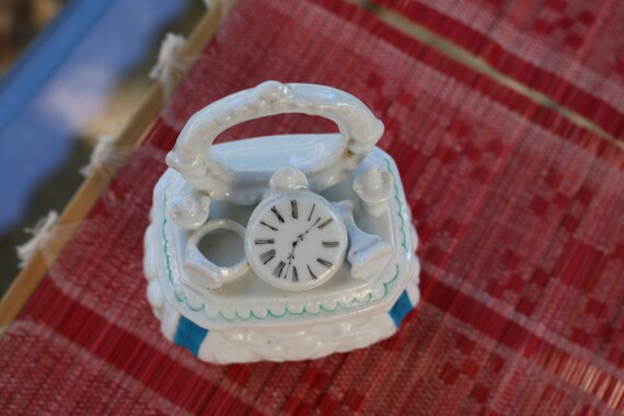 1800s Victorian Antique TRINKET BOX Porcelain Clock R… - Gem