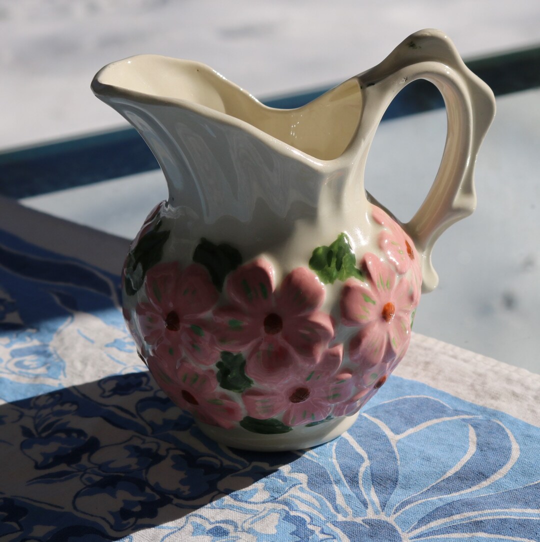 70s High Relief Small Pitcher Pink Flowers on White Ruffled Handle - Etsy