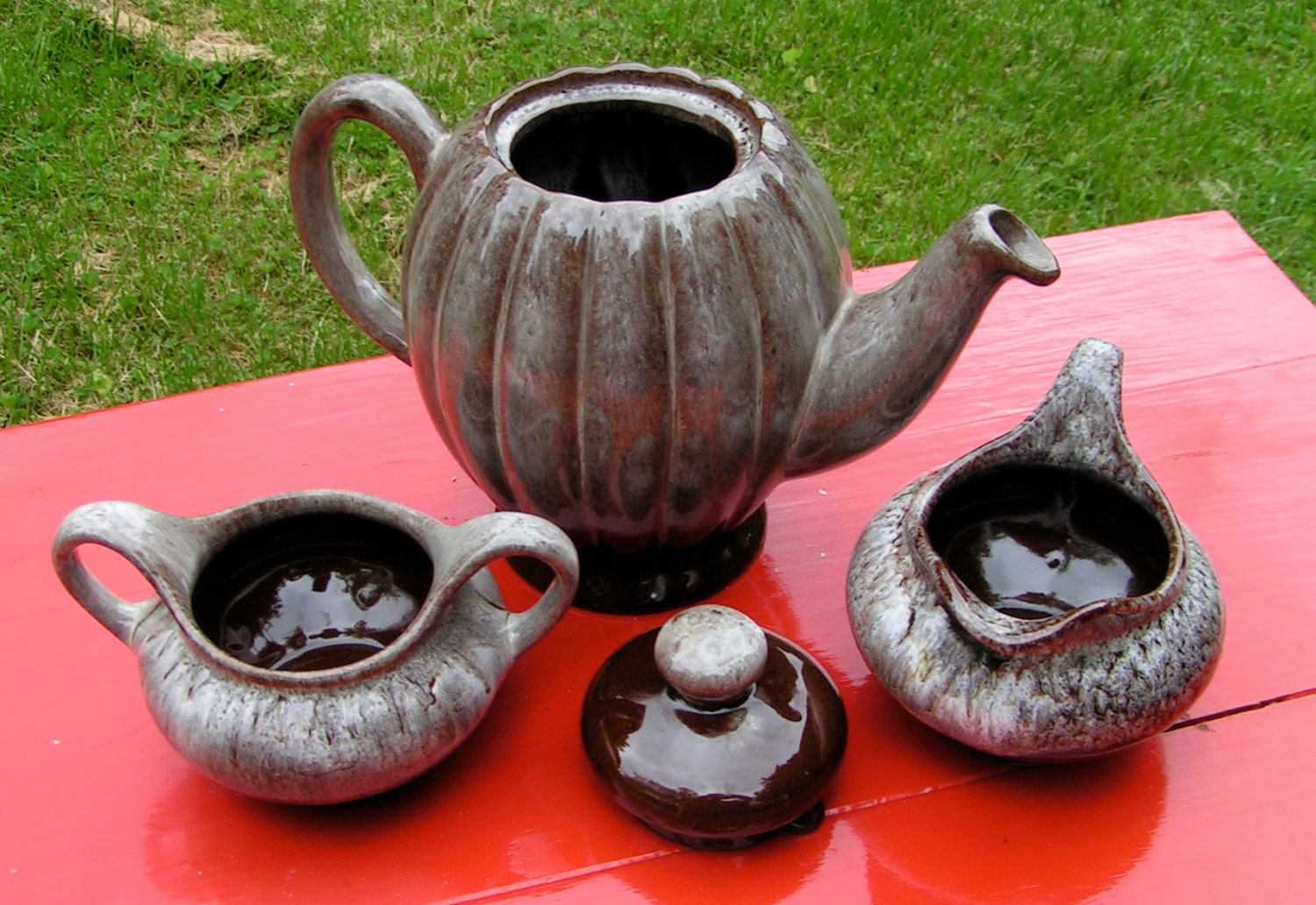 50s Canadian Red Clay Teapot Sugar and Creamer Brown With White Drip ...