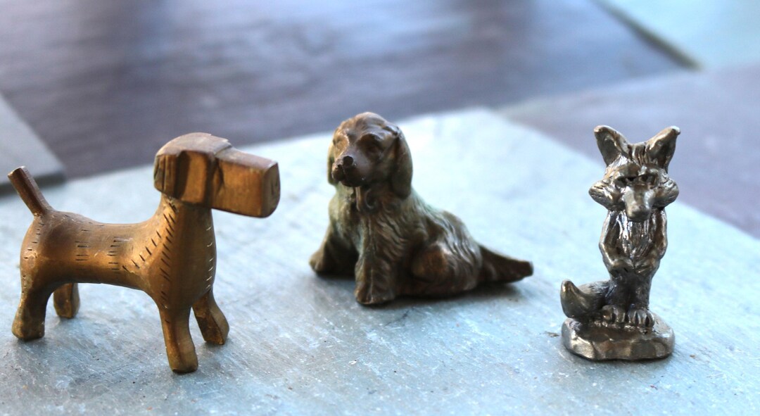 50s 60s Set of 3 Miniature Metal Animals Two Brass Dogs and a Pewter ...
