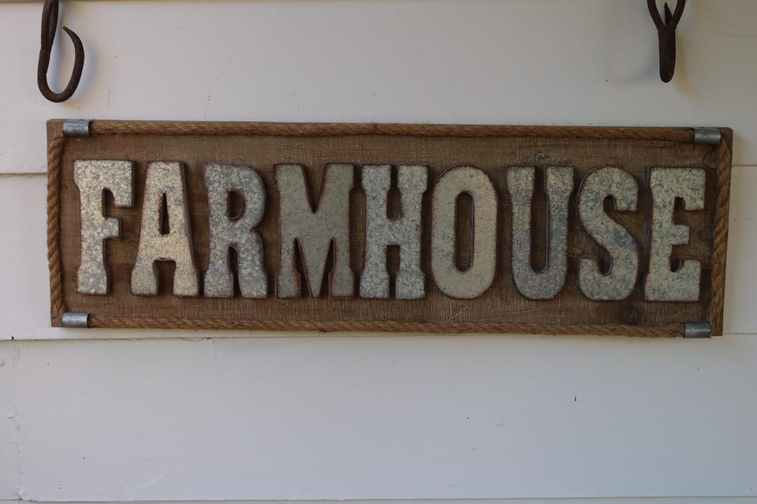 90s Wood and Galvanized Steel SIGN FARMHOUSE With Rustic Rope Trim ...