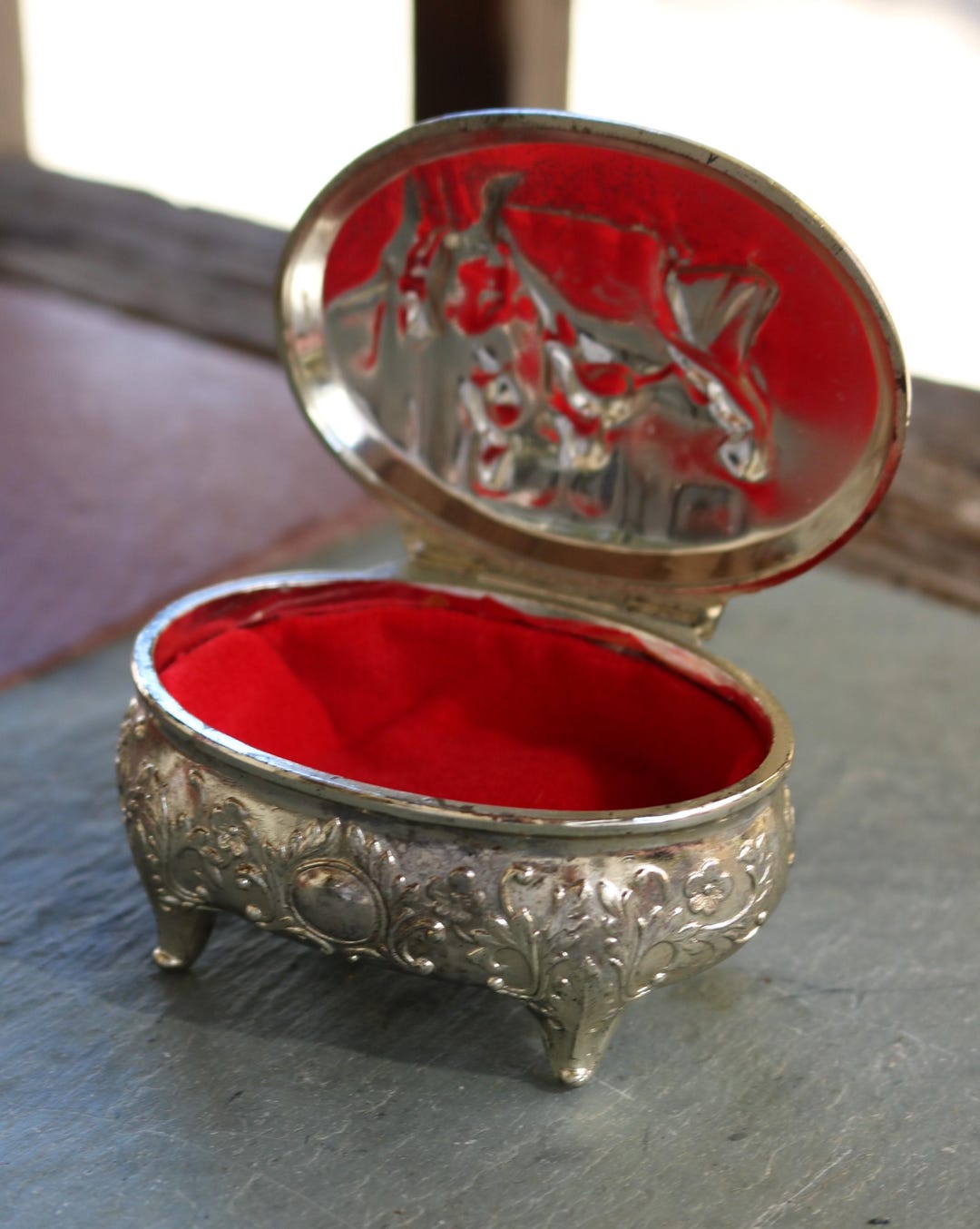 60s Silver Metal Raised Relief Parlor Dance TRINKET BOX Footed With Red ...