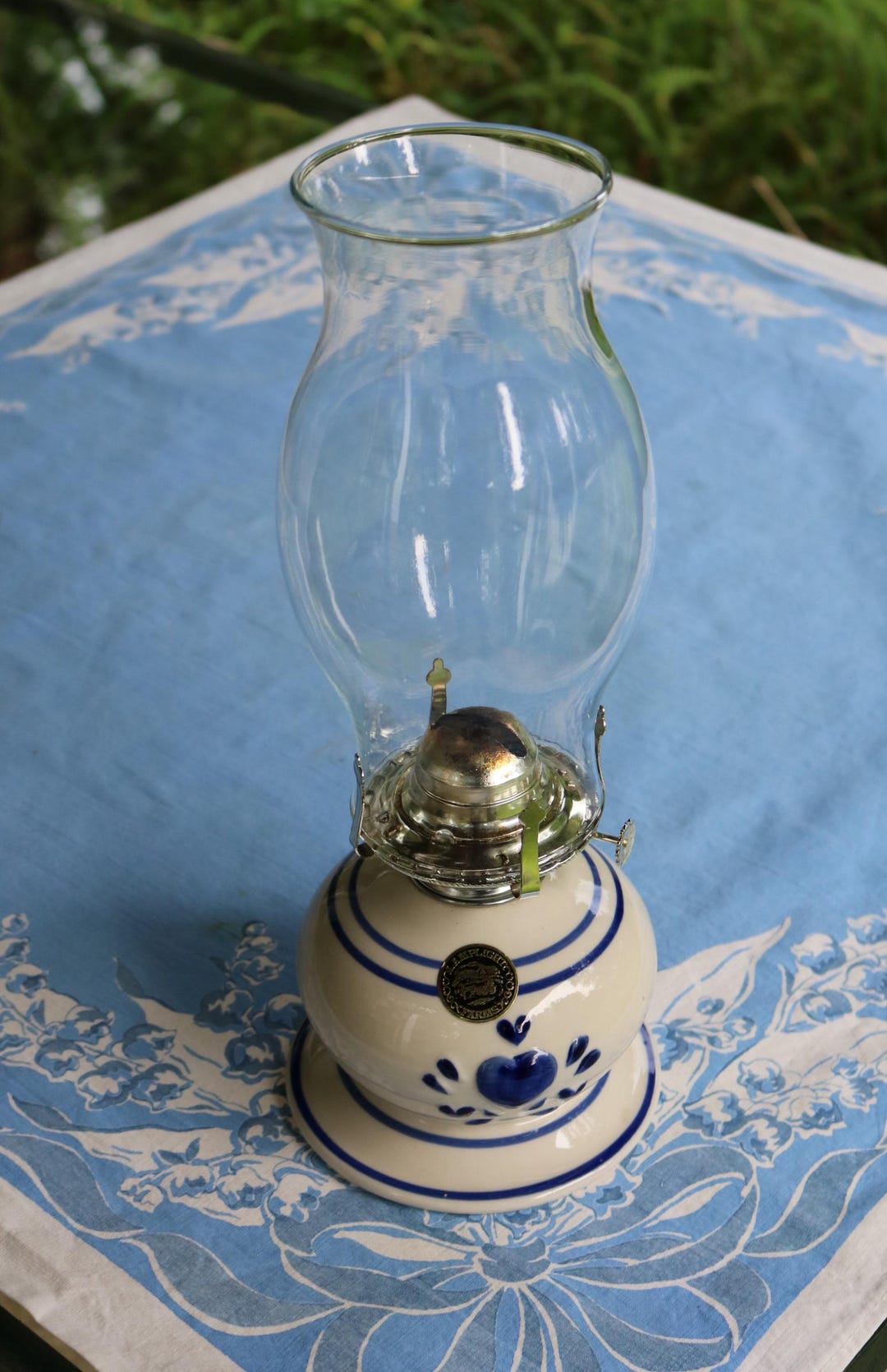 90s Country Cottage OIL LAMP Lantern by Lamplight Farms Blue and White ...