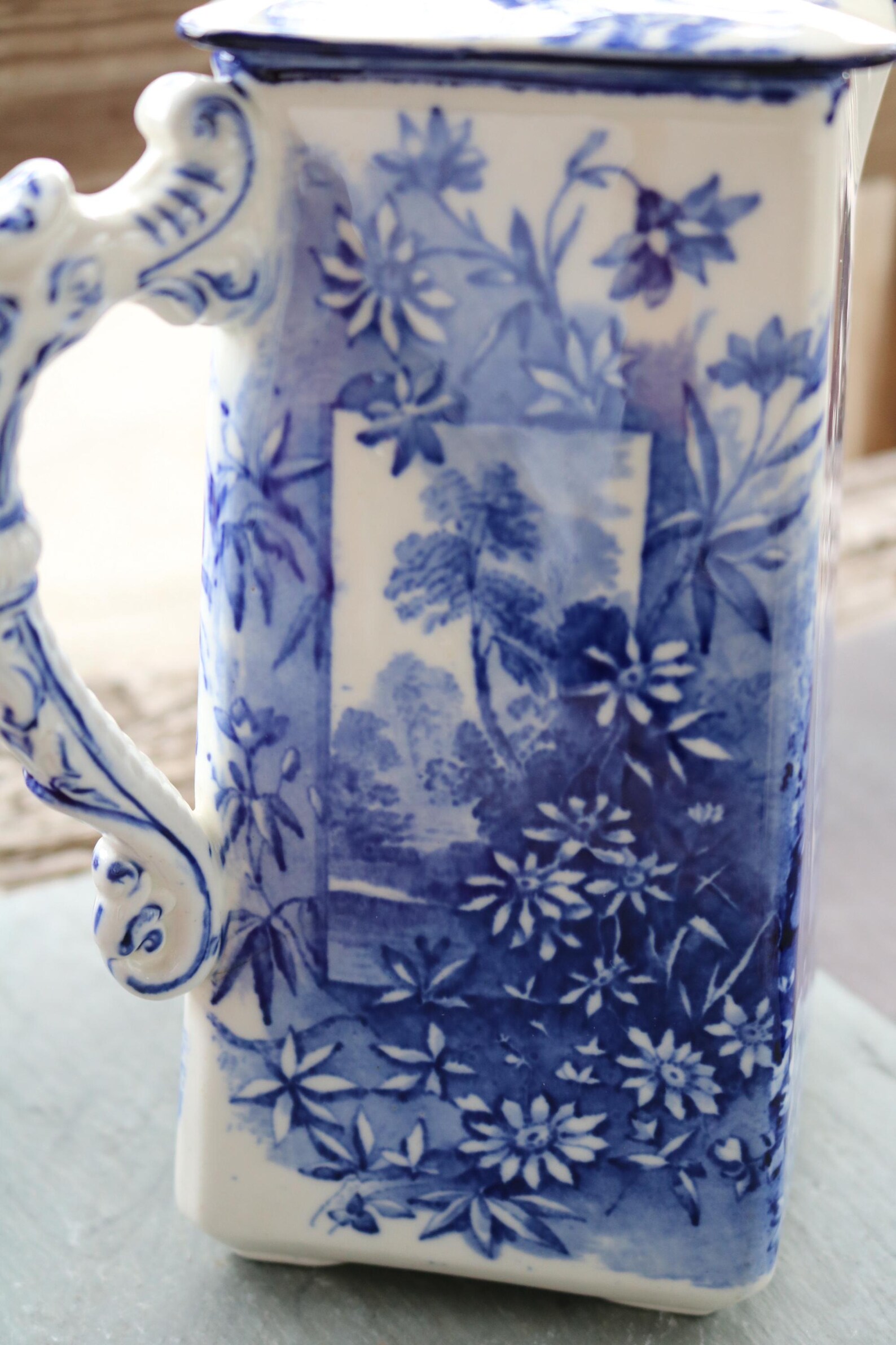 1880s Antique Ridgway ICE PITCHER Dragon Handle Blue Transferware ...
