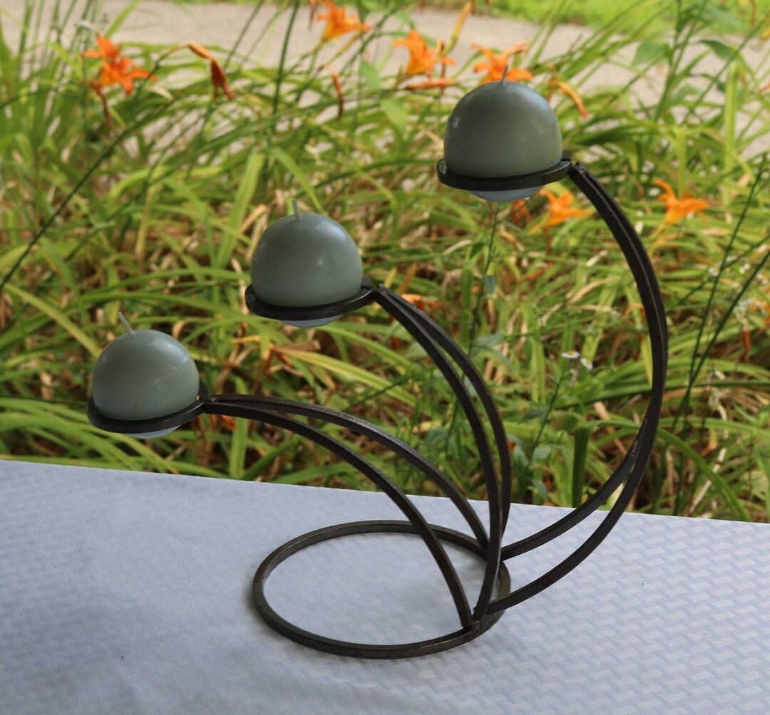 80s Art Nouveau Gun Metal Gray Wrought Iron Candle Holder Graduated ...
