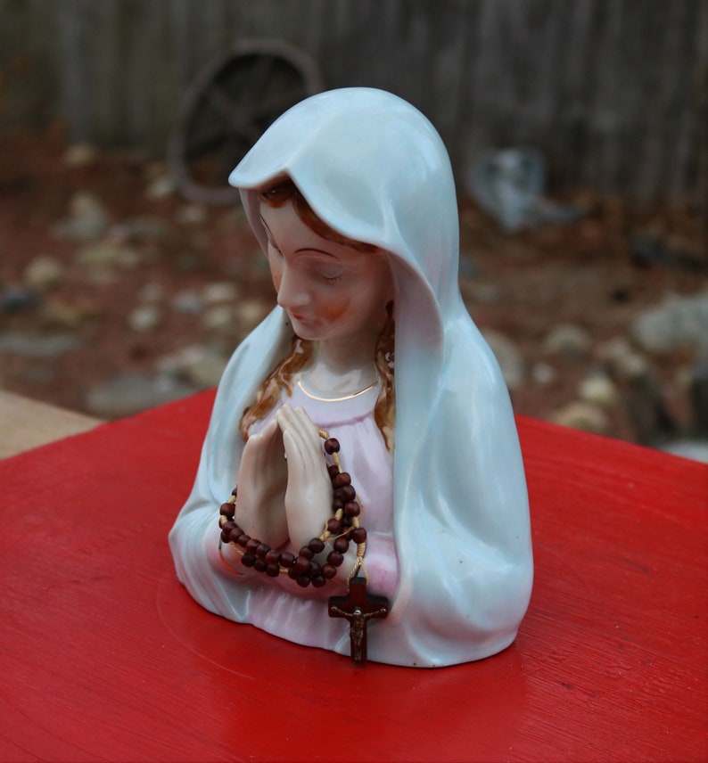 Extraordinary Ceramic MARY With Rosary and Wooden Crucifix From the ...