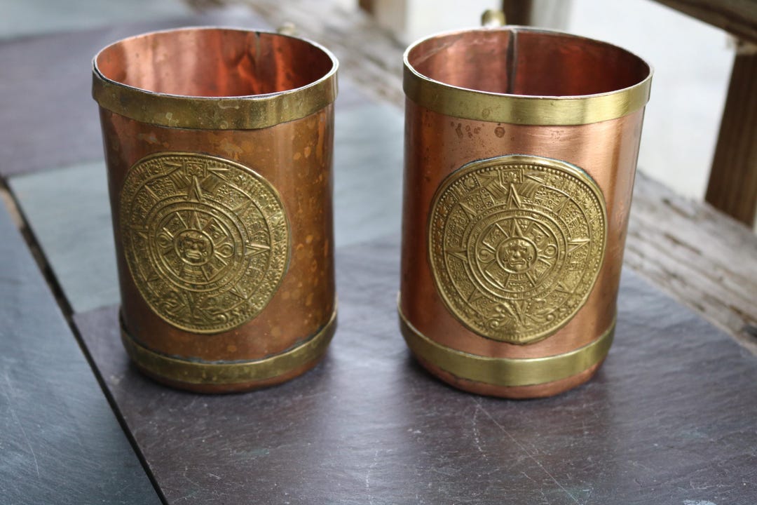 Two 50s Mayan Calendar Copper & Brass MUGS Hand Crafted Mexican Folk ...