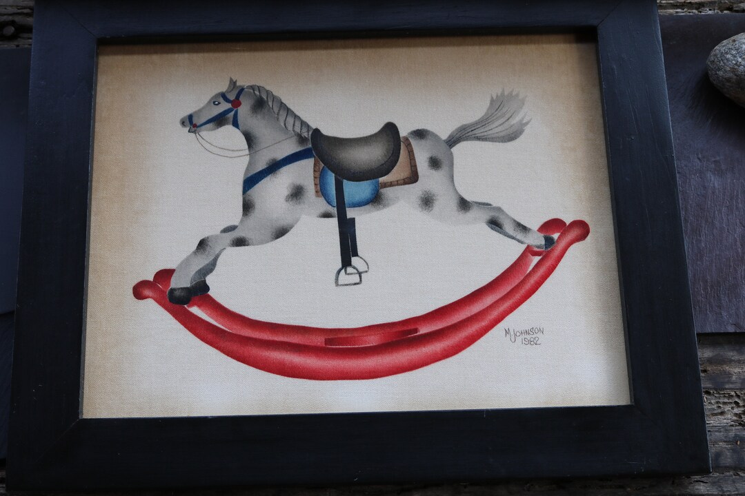 80's Folk Art THEOREM PAINTING Stencil Decorative Art Rocking Horse New ...