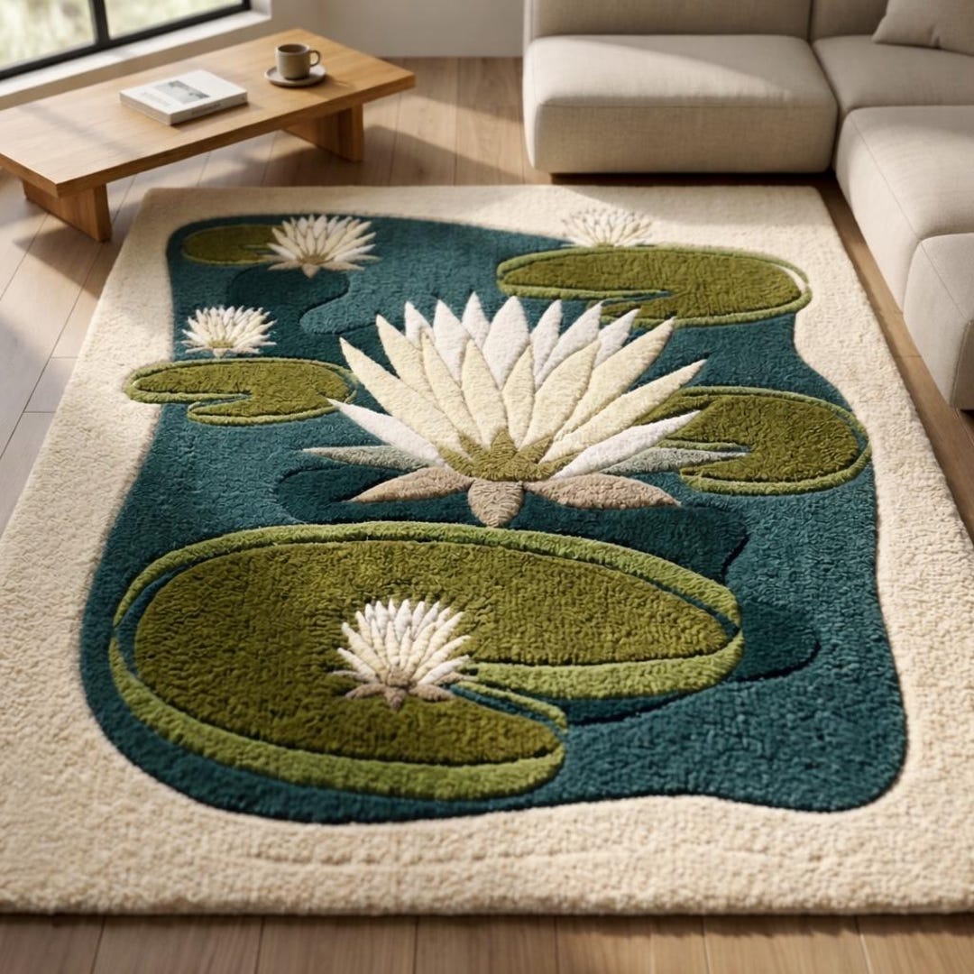 Hand Tufted Wool Rug, Water Lily Pond Design, Botanical Floral Carpet ...