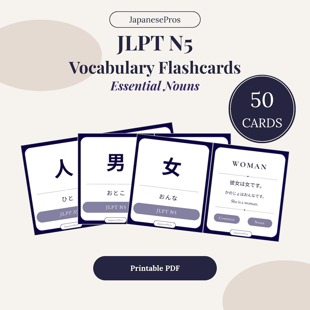 JLPT N5 Noun Flashcards – 50 Essential Japanese Vocabulary Study Cards ...