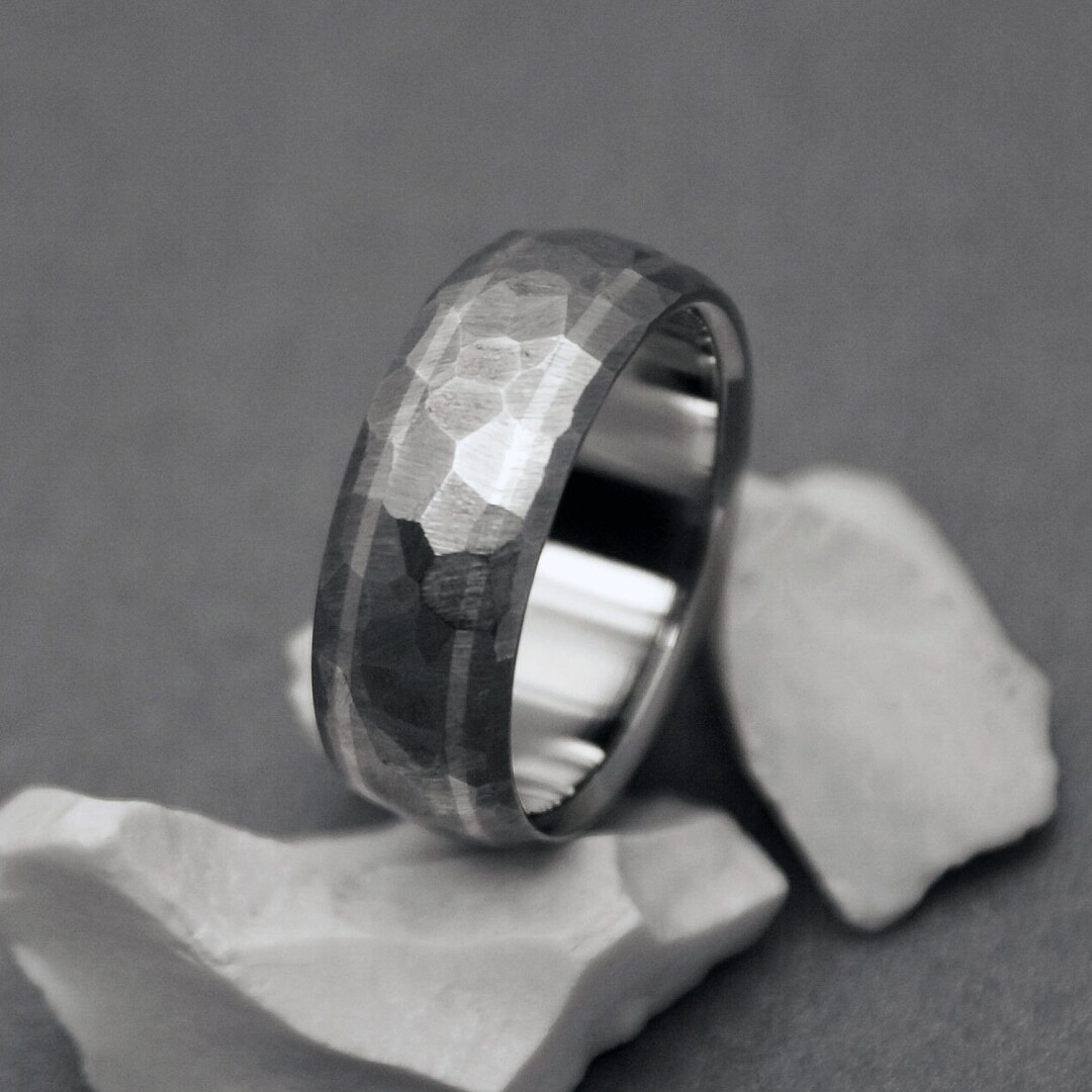 Textured Titanium and Silver Inlaid Wedding Ring, Unique Personalized ...